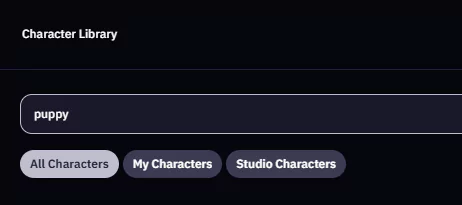 Searching for a 'puppy' character in the Invisible Studio AI character ...